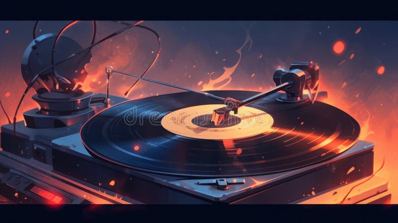 Burning Record Player with Flames and Sparks Stock Illustration ...