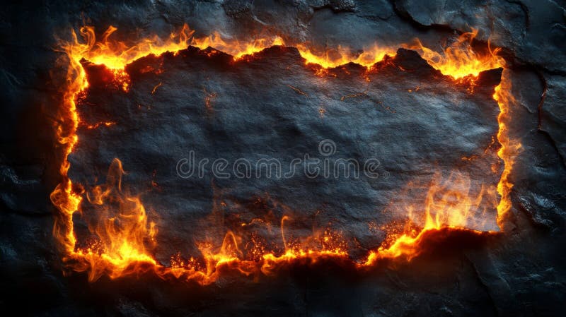 Burning Rectangular Frame Made of Fire on Dark Rock Background ...