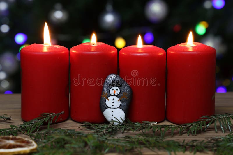 Burning Red Advent Candles on Dark Background Stock Photo - Image of ...