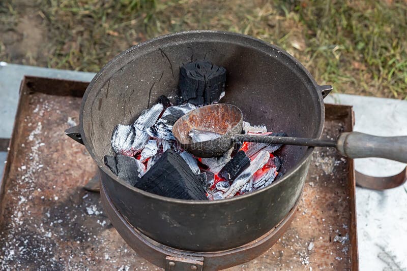 Burning Red Coals Stacked in an Iron Pot Top View for Lighting a Fire ...