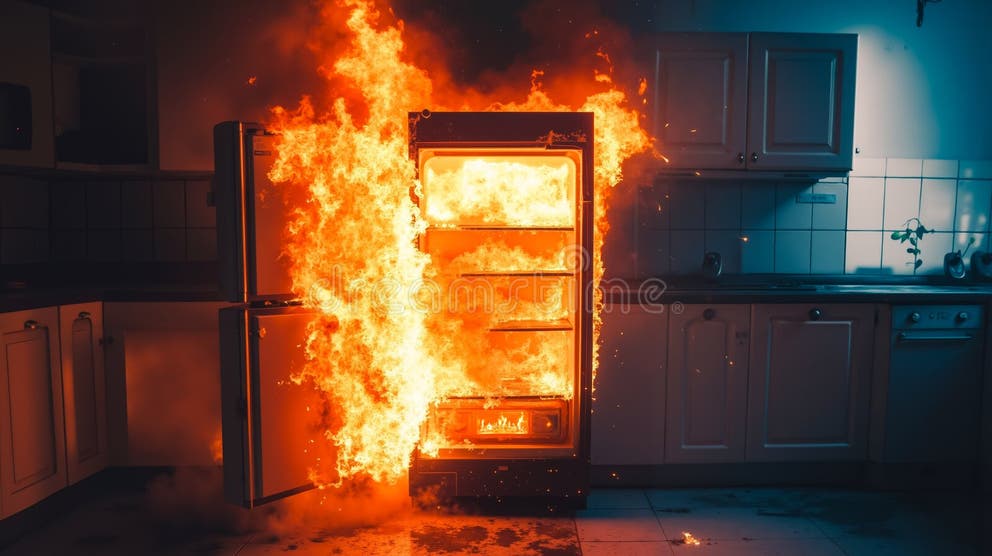 A Burning Refrigerator in a Kitchen with a Fire Coming Out of it Stock ...
