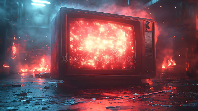 Burning Retro TV in Cyberpunk Cityscape Stock Illustration ...