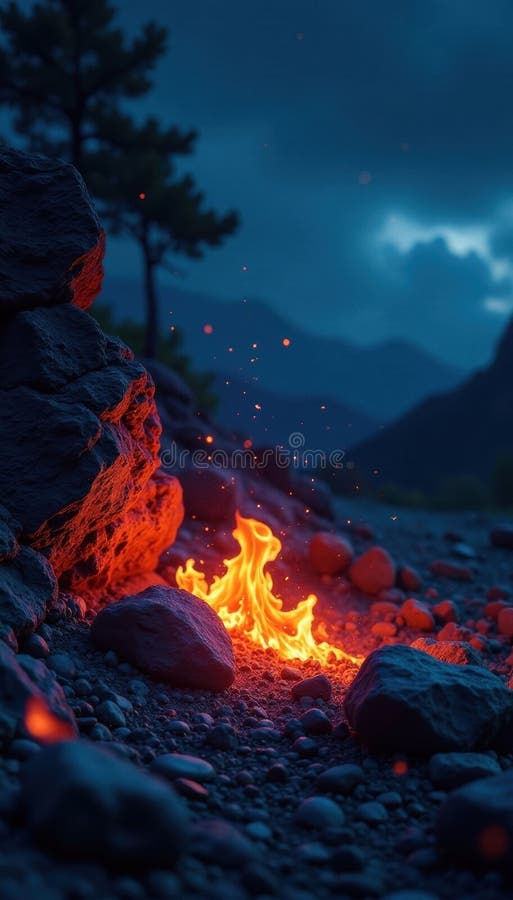 Burning Rock Border, Glowing Embers, Night Sky, Texture, Fiery Border ...