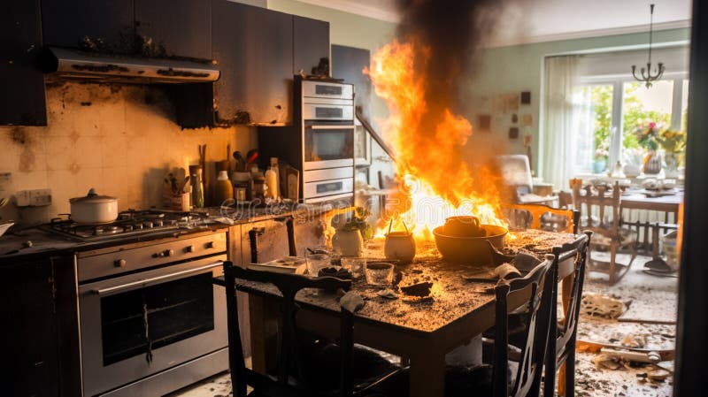Burning Room Interior Trouble Problem. Accident in the Kitchen Leads To ...