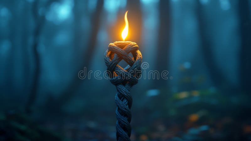 Burning Rope Torch in a Dark Foggy Forest Stock Illustration ...