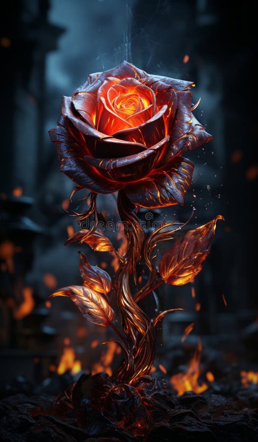 Burning Rose in the Dark. Fire and Smoke on the Background Stock ...