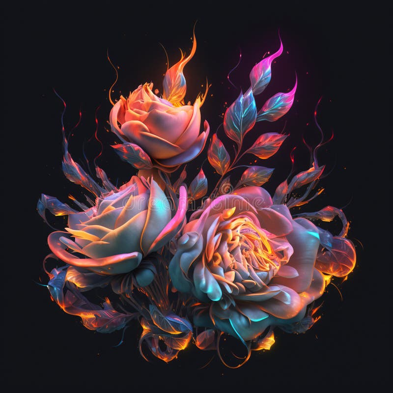 Burning Roses of Multicolored Fire and Sparks. Generative AI Stock ...