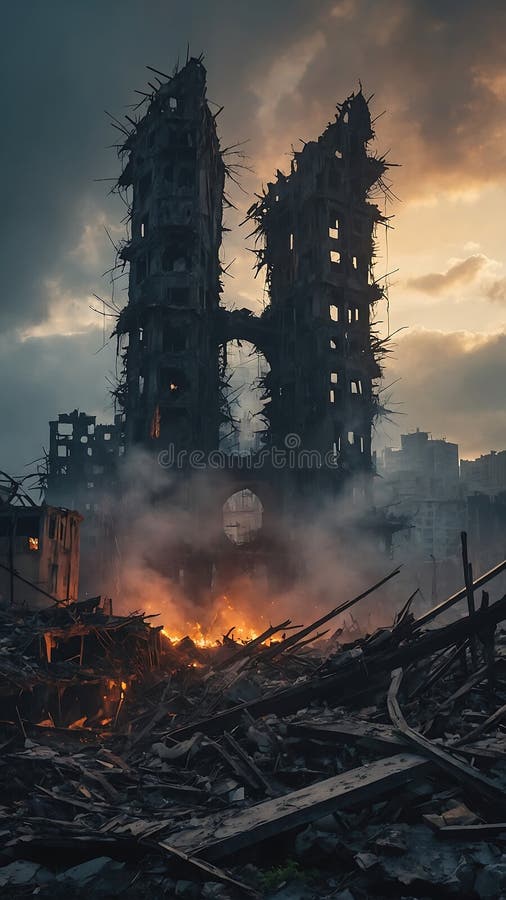 Burning Ruins of a Destroyed Building at Sunset Stock Illustration ...