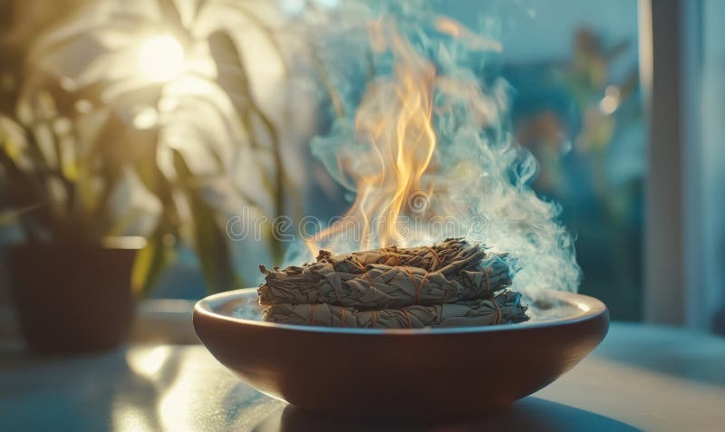 Burning Sage Bundle Releasing Smoke and Flames in Serene Indoor Setting ...