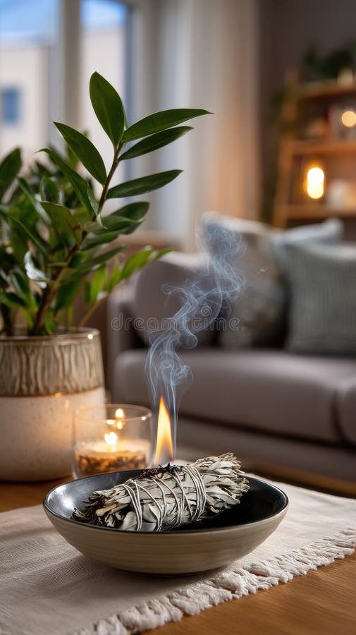 Burning Sage Bundle Ritual in Home Interior with Smoke and Houseplant ...