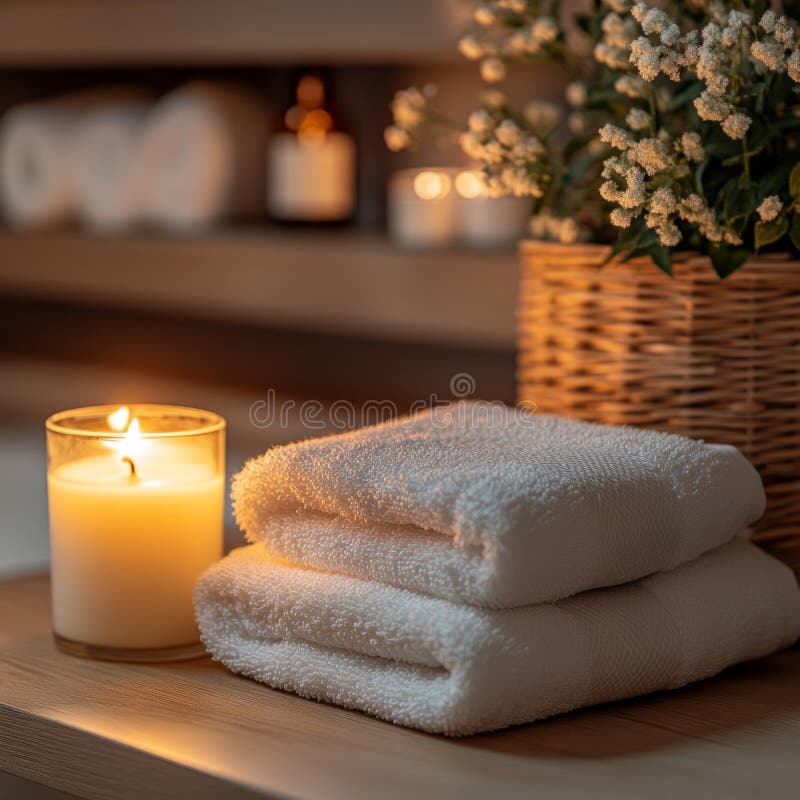 Burning Scented Candle Creating Relaxing Atmosphere in Modern Bathroom ...