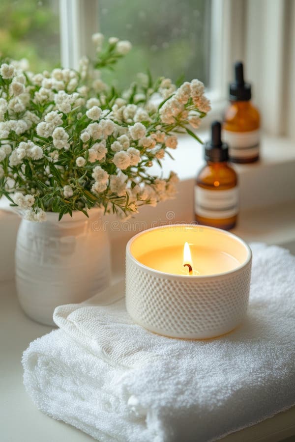 Burning Scented Candle Creating Relaxing Atmosphere on Window Sill ...