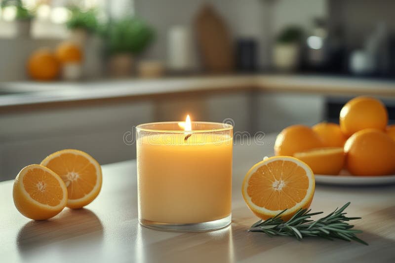 Burning Scented Candle with Orange and Rosemary in a Modern Kitchen ...