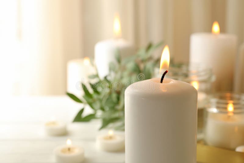 Burning Scented Candles for Relax, Space for Text Stock Image - Image ...