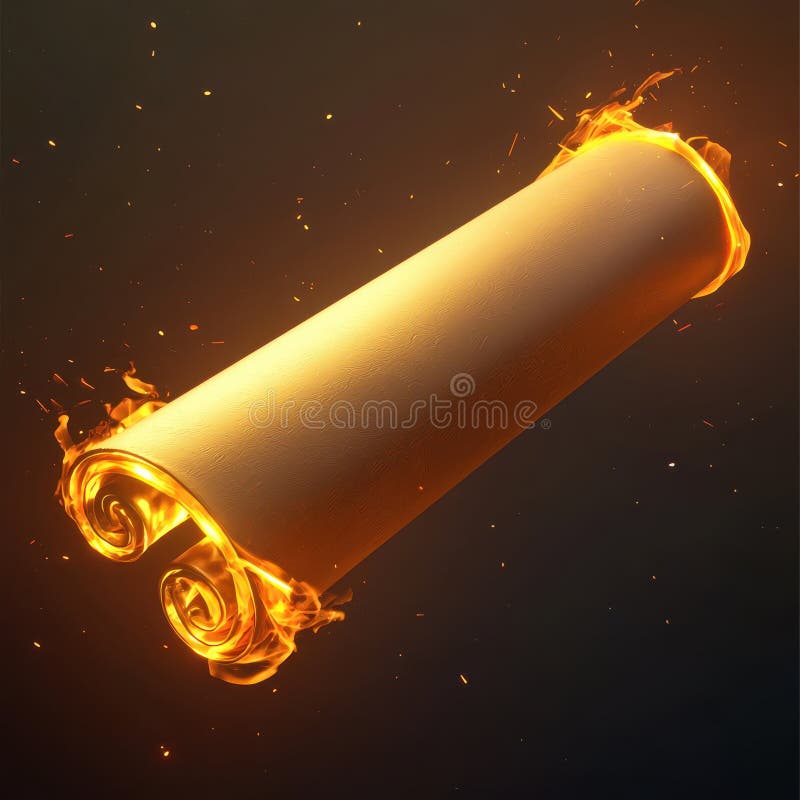 Burning Scroll with Flames and Sparks on Dark Background Stock ...