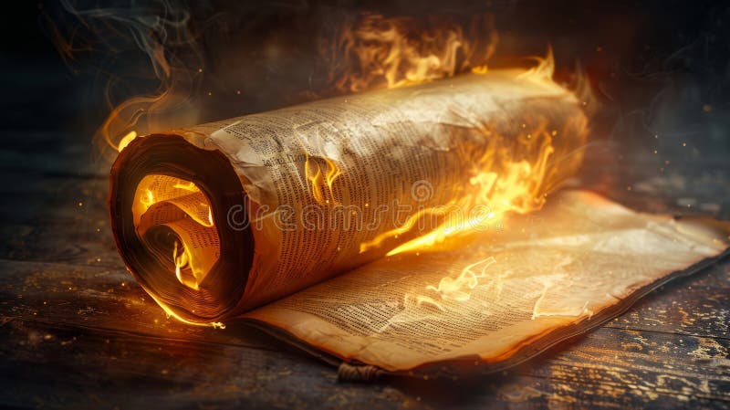Burning Scroll on a Wooden Surface with Flames Engulfing the Text ...