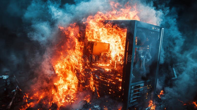 Burning Server. Data Loss, Cyber Attack Concept. Technology Disaster ...