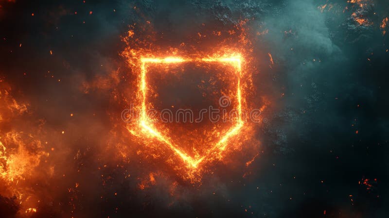 Burning Shield Symbol Rising from Flames and Smoke in Dramatic Scene ...