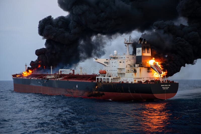 Burning Ship in Open Ocean with Thick Smoke Rising into Clear Blue Sky. Generative AI. Stock ...