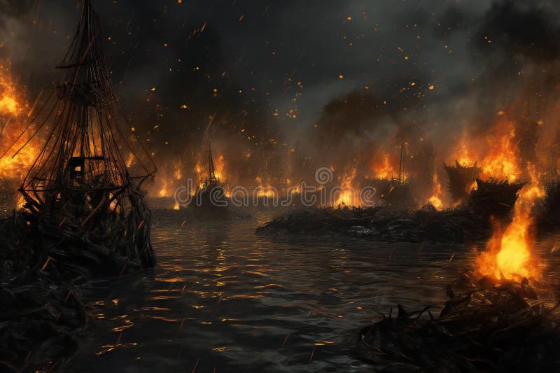 Burning Ship in the Sea, Fantasy Stock Illustration - Illustration of ...