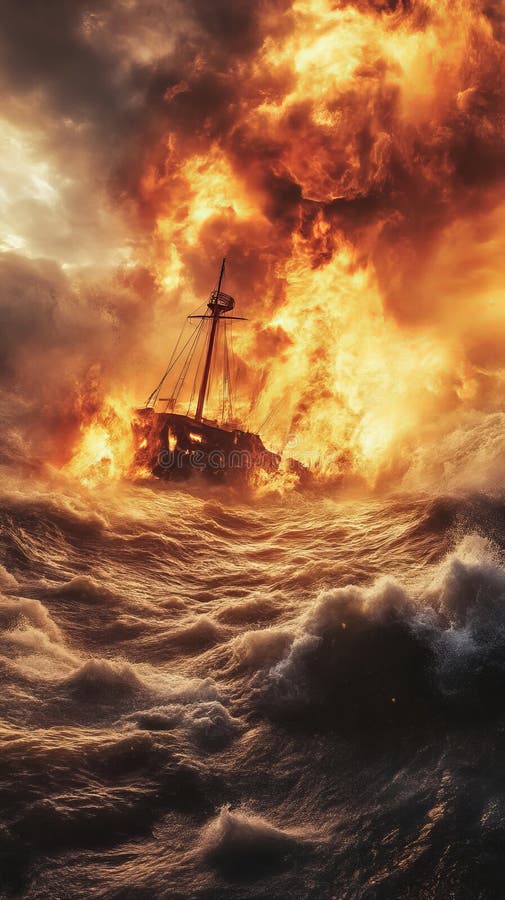 Burning Ship in a Stormy Ocean during Sunset, Dramatic Maritime ...