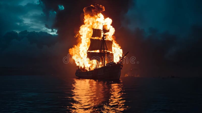 A Boat on Fire in the Middle of the Ocean at Night Stock Video - Video ...