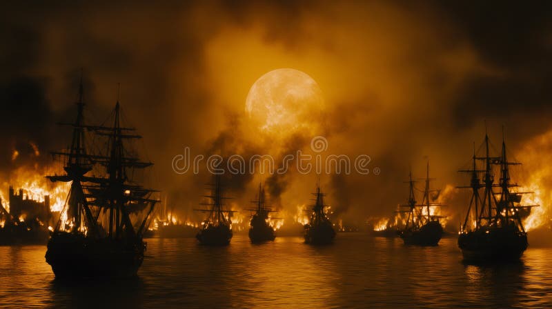 Burning Ships Sailing at Night with Large Moon in Background Stock ...