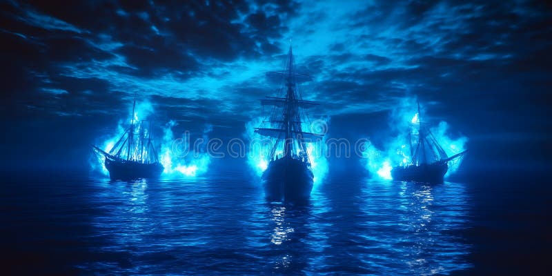 Burning Ships at Sea Dramatic Blue Night Scene Stock Image - Image of ...