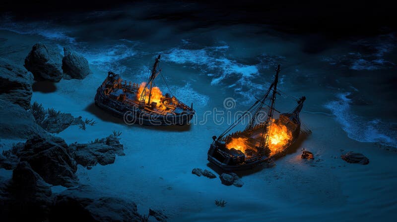 Burning Ships Wrecked on a Nighttime Shore Stock Illustration ...