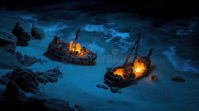 Burning Ships Wrecked on a Nighttime Shore Stock Illustration ...