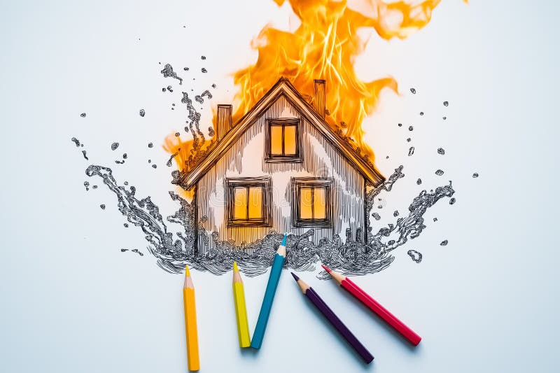 Burning Sketch House with Pencils Stock Image - Image of house, fire ...