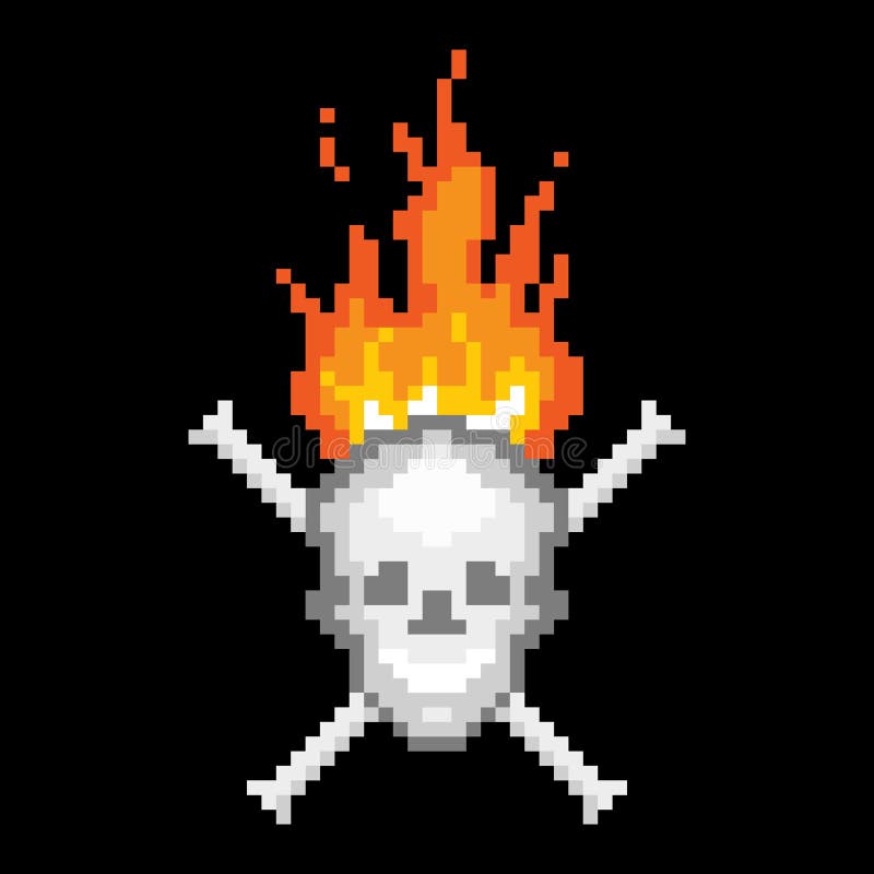 Burning Skull with Bones Pixel Icon. Smiling Bone Head with Crossed ...