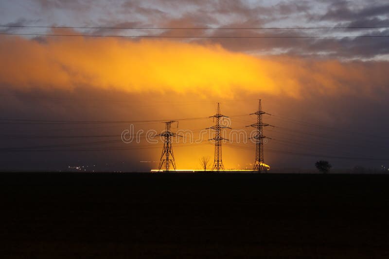 Burning Sky Sunset with Electrical Supports Stock Photo - Image of ...