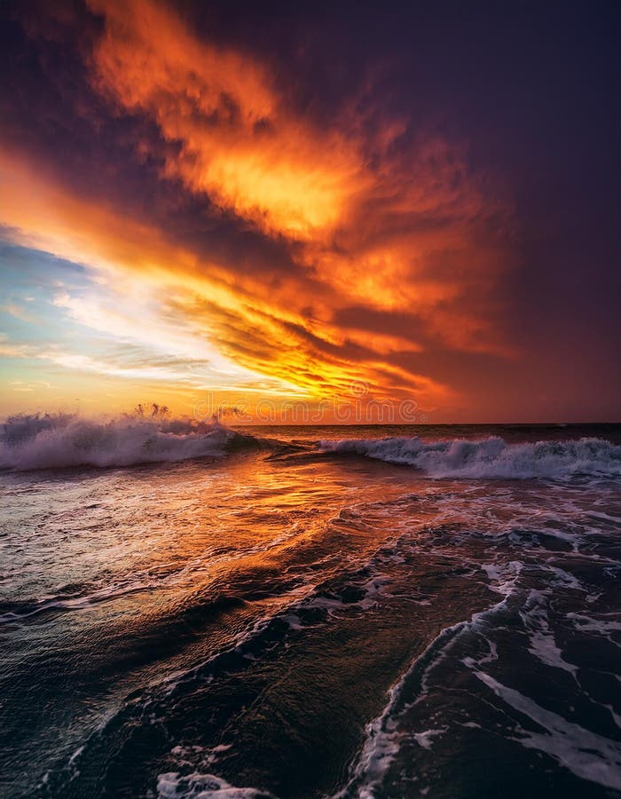 Burning Sky. the Wave are Nice while the Sky Full of Burning Color ...