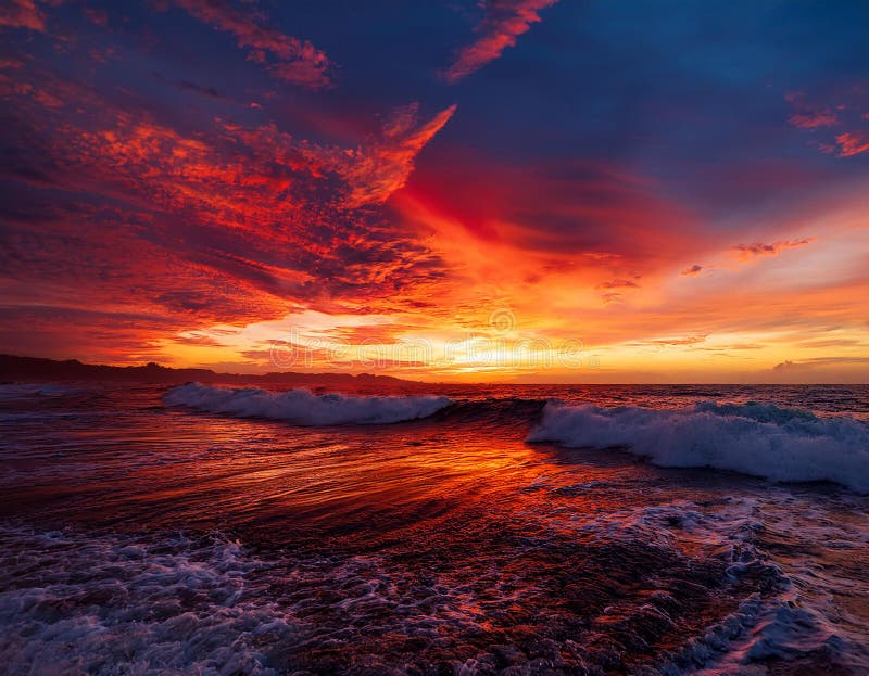 Burning Sky. the Wave are Nice while the Sky Full of Burning Color ...