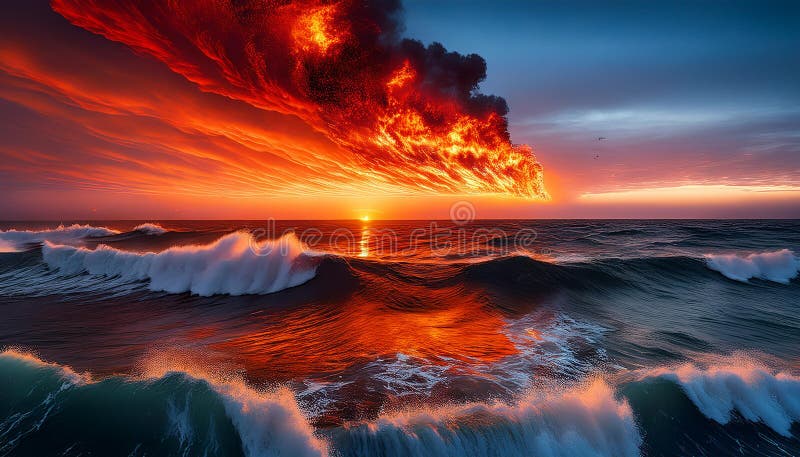 Burning Sky. the Wave are Nice while the Sky Full of Burning Color ...