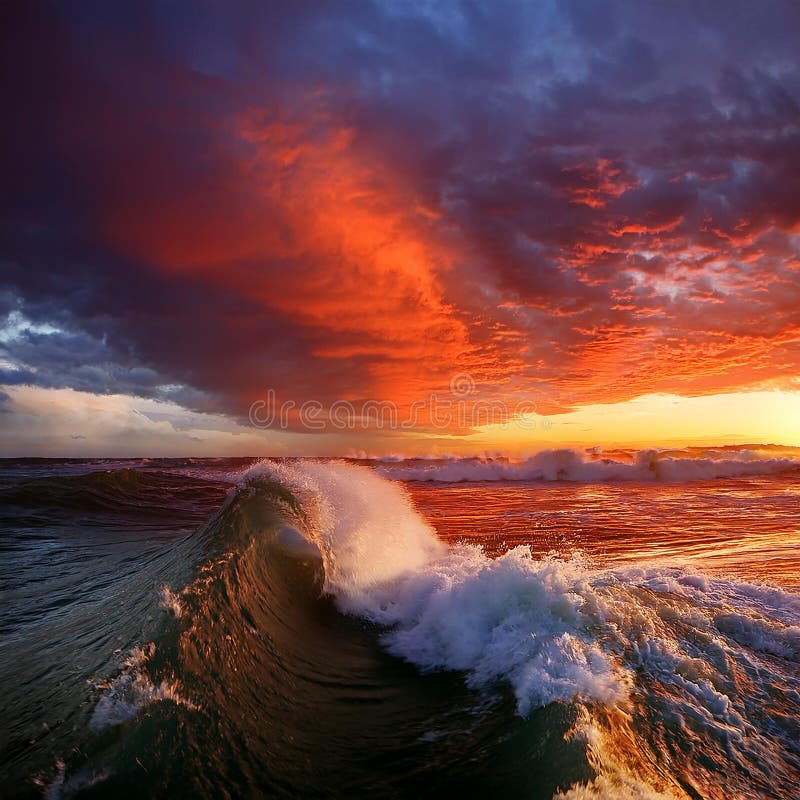 Burning Sky. the Wave are Nice while the Sky Full of Burning Color ...