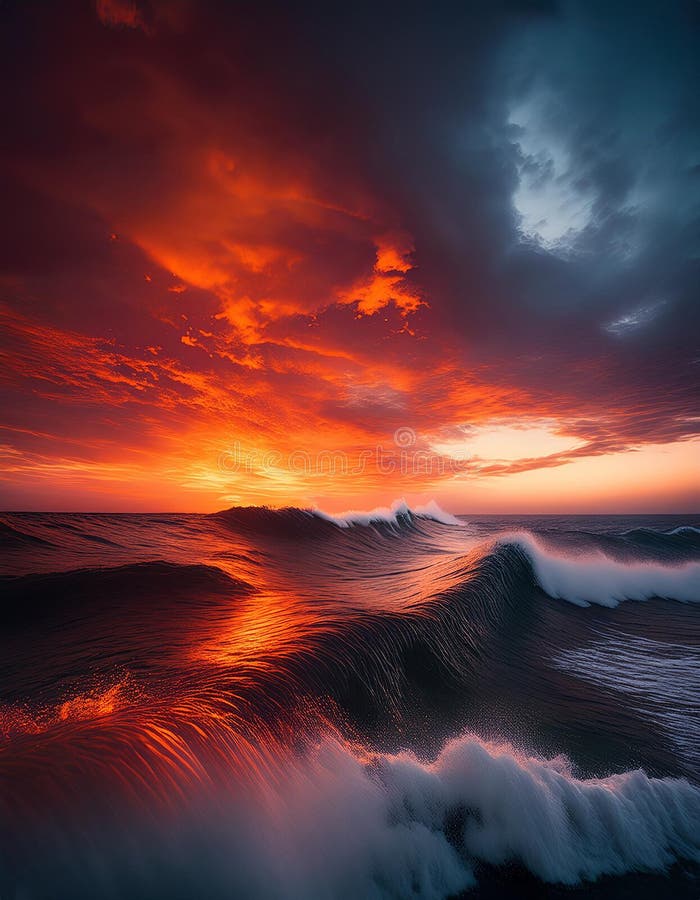 Burning Sky. the Wave are Nice while the Sky Full of Burning Color ...