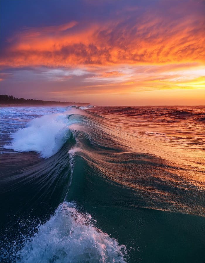 Burning Sky. the Wave are Nice while the Sky Full of Burning Color ...