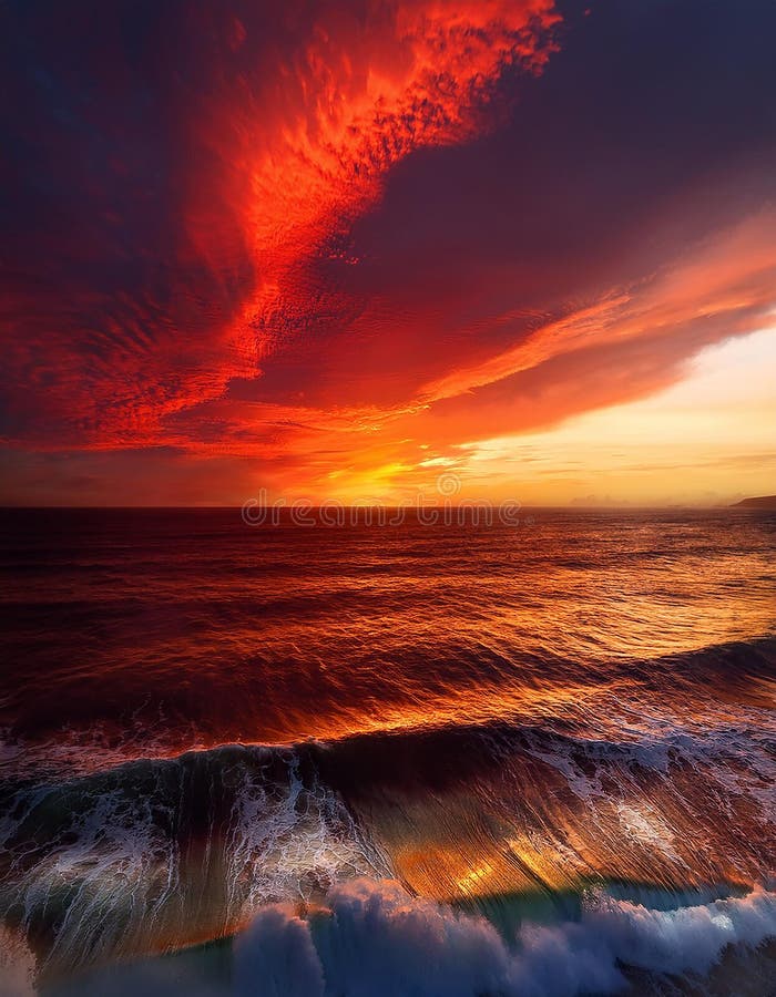 Burning Sky. the Wave are Nice while the Sky Full of Burning Color ...