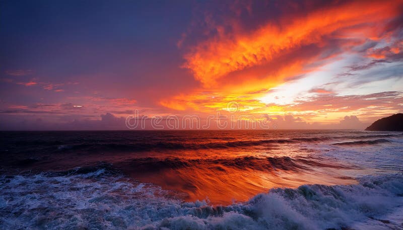 Burning Sky. the Wave are Nice while the Sky Full of Burning Color ...