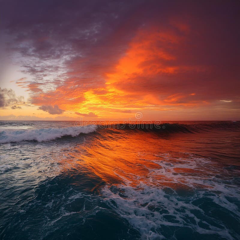 Burning Sky. the Wave are Nice while the Sky Full of Burning Color ...