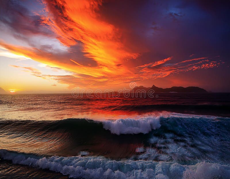Burning Sky. the Wave are Nice while the Sky Full of Burning Color ...