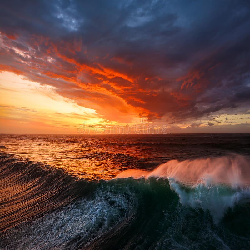 Burning Sky. the Wave are Nice while the Sky Full of Burning Color ...