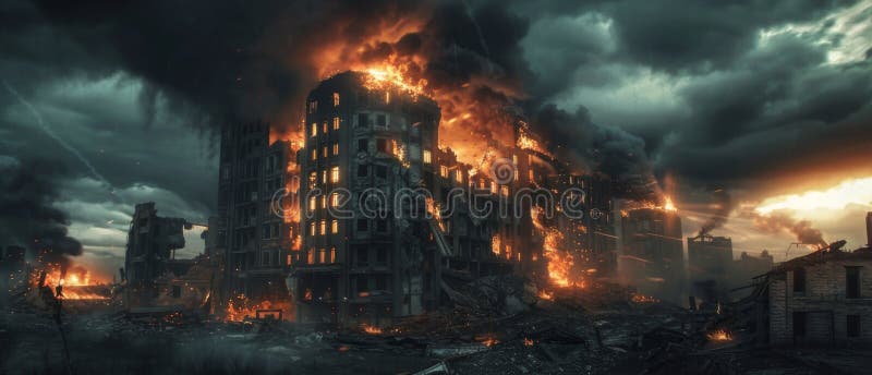 Burning Skyscraper in Apocalyptic Cityscape. Fire in Devastated City ...
