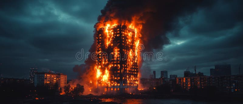 Burning Skyscraper in City, Flames Engulfing Structure Stock ...