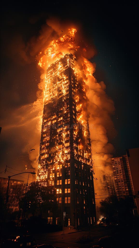 Burning Skyscraper Engulfed in Flames at Night, a Devastating Inferno ...