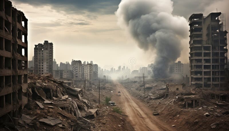 Burning Skyscraper, Smoke Filled City, Destruction in Progress ...