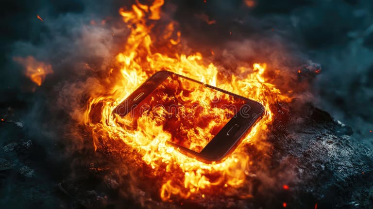 Burning Smartphone with Flames and Smoke. Concept of Overheating, Data ...
