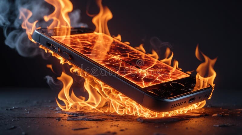 Burning Smartphone Screen Damaged Device Fire Technology Disaster Stock ...